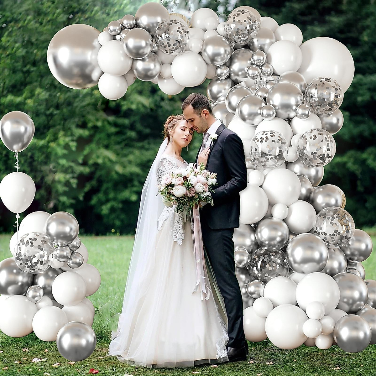 132pcs Silver and White Balloon Arch Kit, Metallic Silver and White Balloons Different Sizes of 18 12 10 Inch Balloons for Wedding Anniversary Baby Shower Graduation Birthday Party Decoration