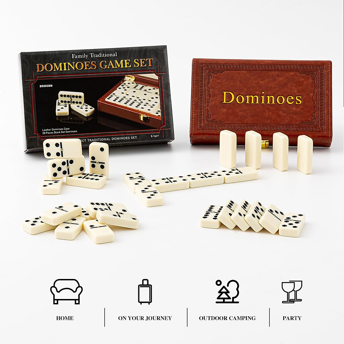 ZOOCEN Double 6 Dominoes Set in Leatherette Case (28 Tiles with Spinner), Ivory