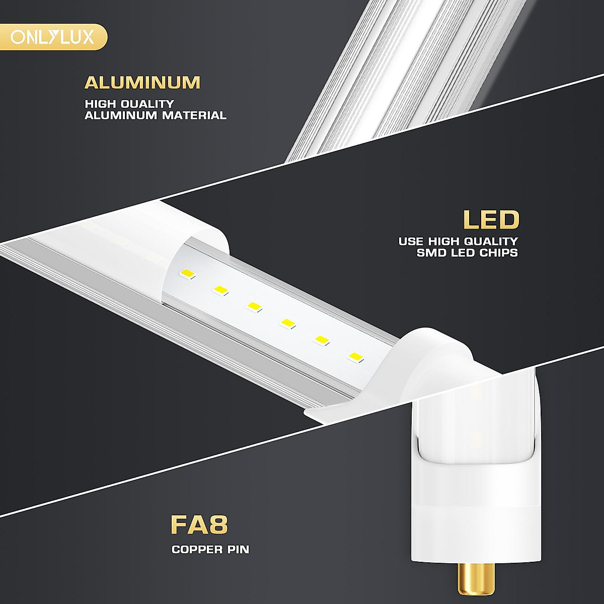ONLYLUX 8 Foot Led Bulbs T8 T12 LED 8ft Tube Light F96T8 F96T12 LED Bulb 96" FA8 Single Pin LED Fluorescent Replacement, (100W Fluorescent Equivalent) 6500K CW Daylight Milky Cover, 10 Pack