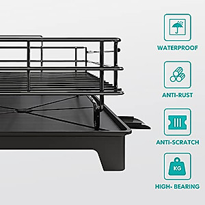 MAJALiS Dish Drying Rack with Drainboard Set, Large Dish Drainers for Kitchen Counter, Stainless Steel Drying Rack with Utensil Holder and Dryer Mat, Kitchen Dish Strainer Rack (Black - One Tier)
