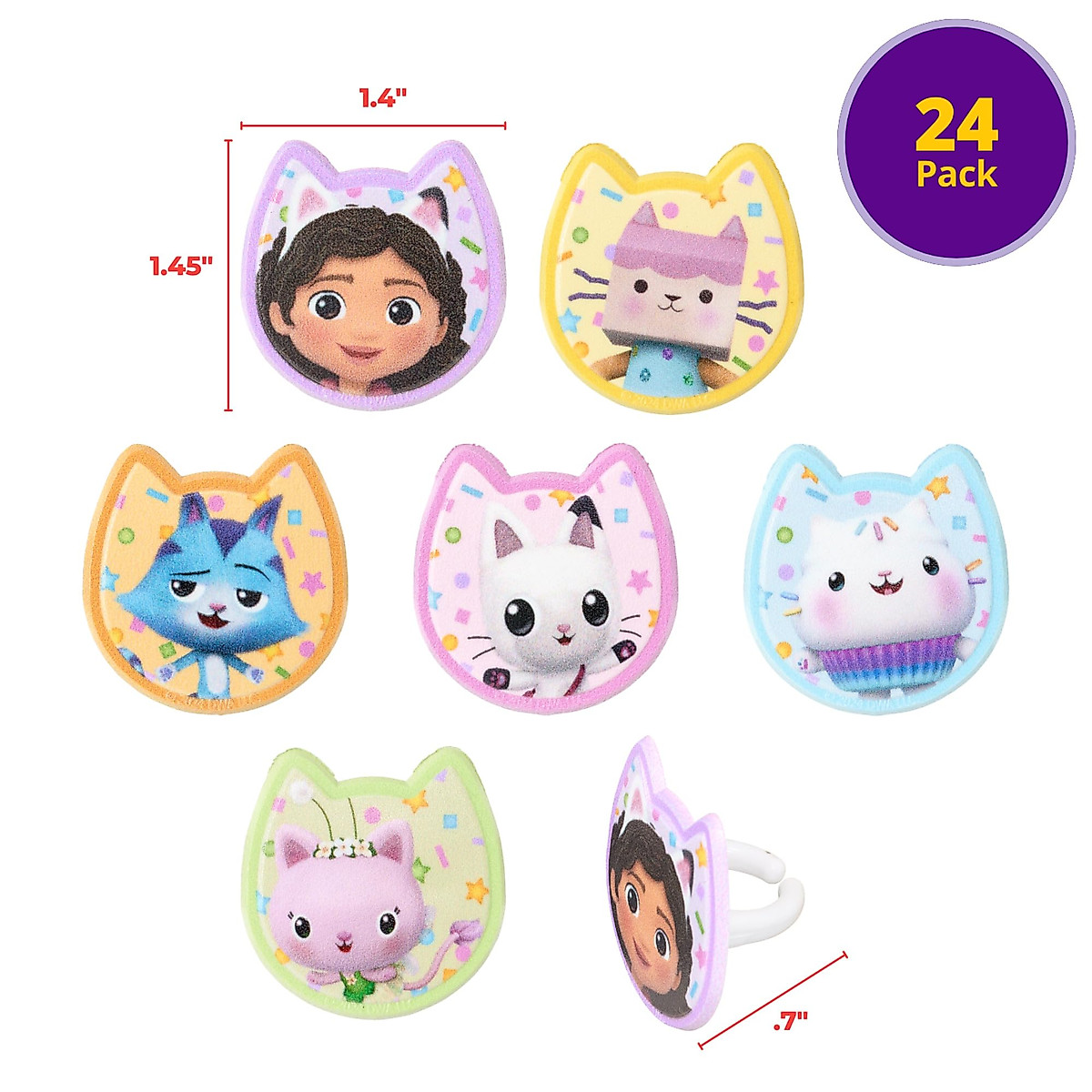DecoPac DreamWorks Gabby's Dollhouse Rings, 24 Cupcake Decorations Featuring Gabby, Pandy Paws, Irresistible Kitty Characters, and Super Fun Adventures! - 24 Pack