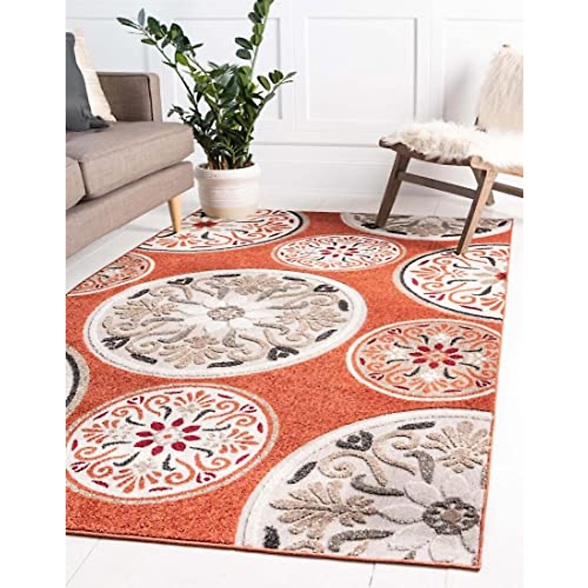 Unique Loom Modern Collection Floral, Geometric, Abstract, Bright Colors, Indoor and Outdoor Area Rug, 5 ft x 8 ft, Terracotta/Beige
