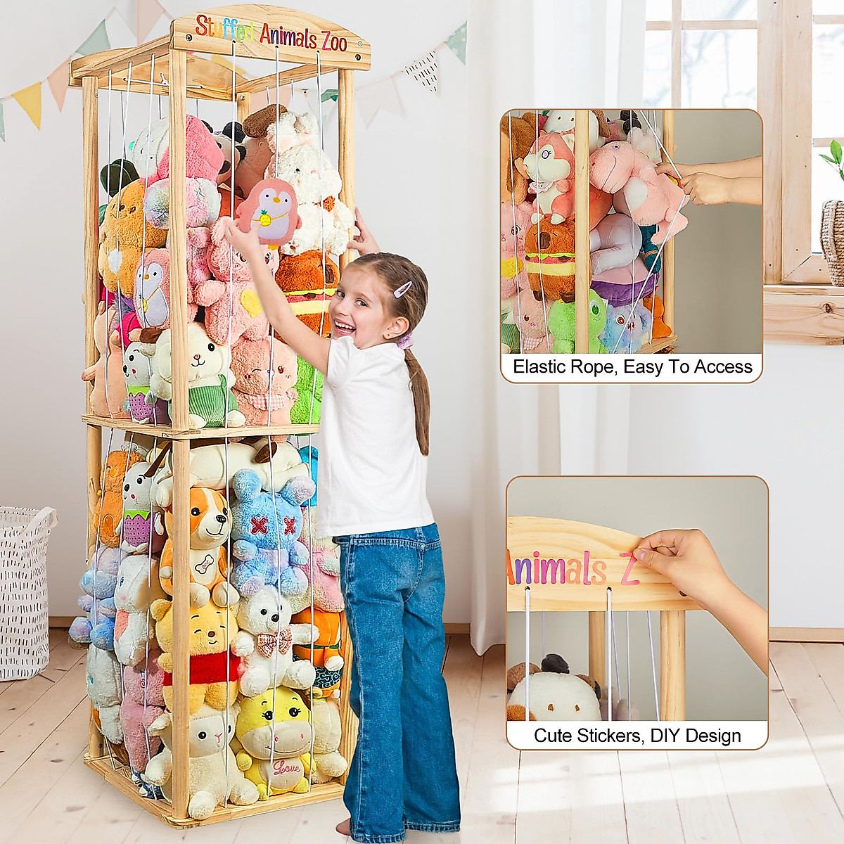 Basumee Stuffed Animals Storage Zoo with LED Light Large Wood Kids Toy Storage Organizer Holder for Stuffed Animals Girls Boys Nursery Room Bedrooms Stuff Animals Organizer