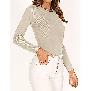 ZESICA Women's Long Sleeve Crewneck Shirts 2023 Fall Clothes Ribbed Knit Sweaters Slim Fitted Casual Basic Tee Tops,Almond,Large