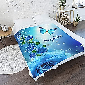 Blue Butterfly Blue Roses Personalized Name Soft Fleece Bed Blankets Throws as Birthday Wedding Gifts for Sofa Couch 50'' x 60''