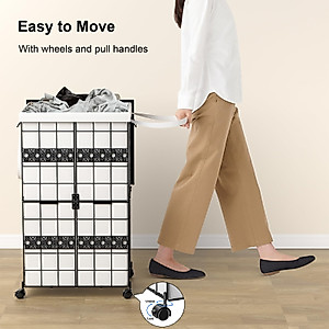 SHIISEWE Laundry Basket with Wheels, Large Metal Laundry Hamper with Lid and Removable Laundry Bag, Collapsible Tall Laundry Hamper, 90L Laundry Basket Organizer for Bedroom, Bathroom