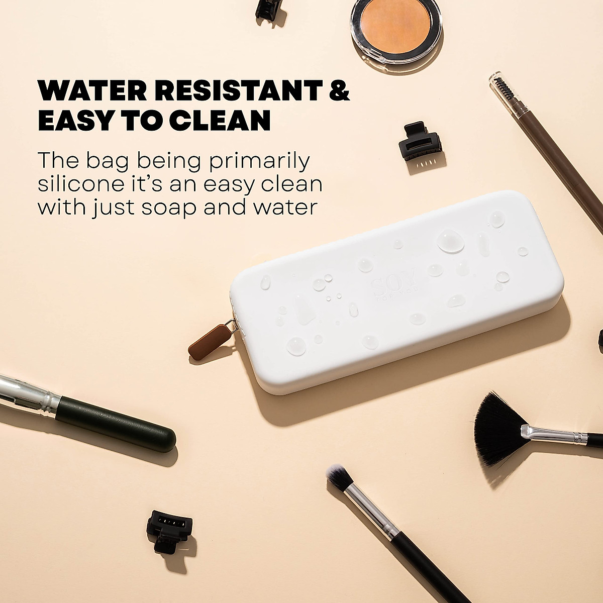 Soy For You Trendy Silicone travel Makeup bag, Storage & Purse Organizer for Brushes & Makeup Tools, Travel Brush Pouch Holder, Easy to Clean Washable Cosmetic Pouch Case (White)