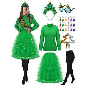 Xtinmee 25 Pcs Christmas Tree Costume Set for Women Festive Party Dress Christmas Tree Adult Outfit for Xmas Party Costumes (X-Large)