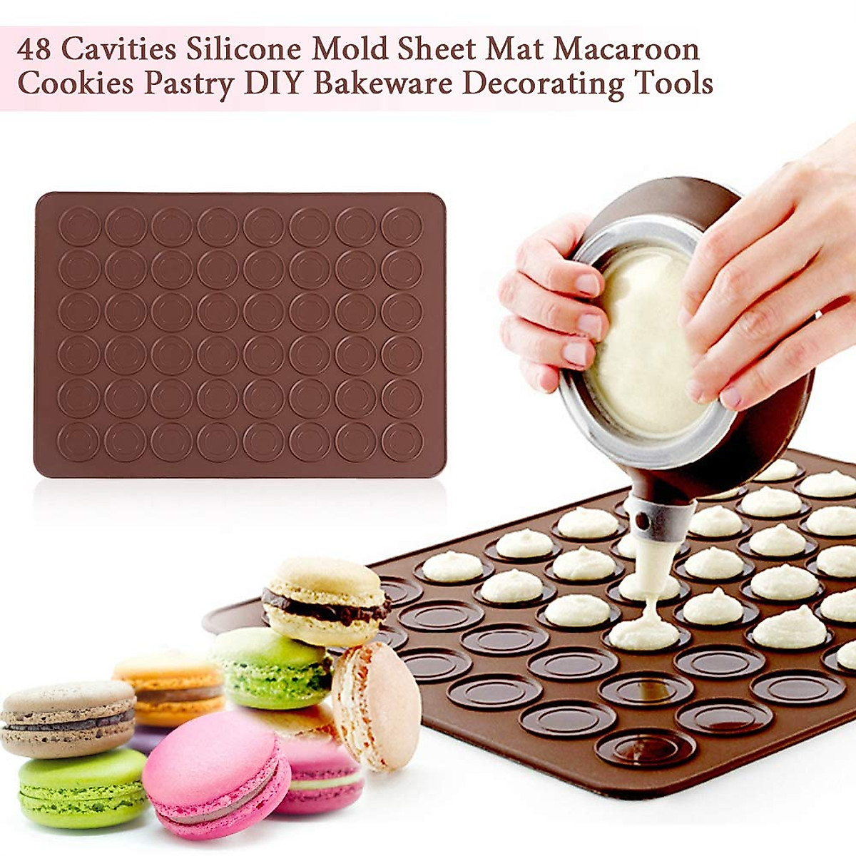 Macaron Silicone Mat, 48 Capacity Silicone Sheet Mat Baking Cookies Pastry DIY Bakeware Decorating Tools for 1.5" Macarons Making, 15.4 x 11.2inch