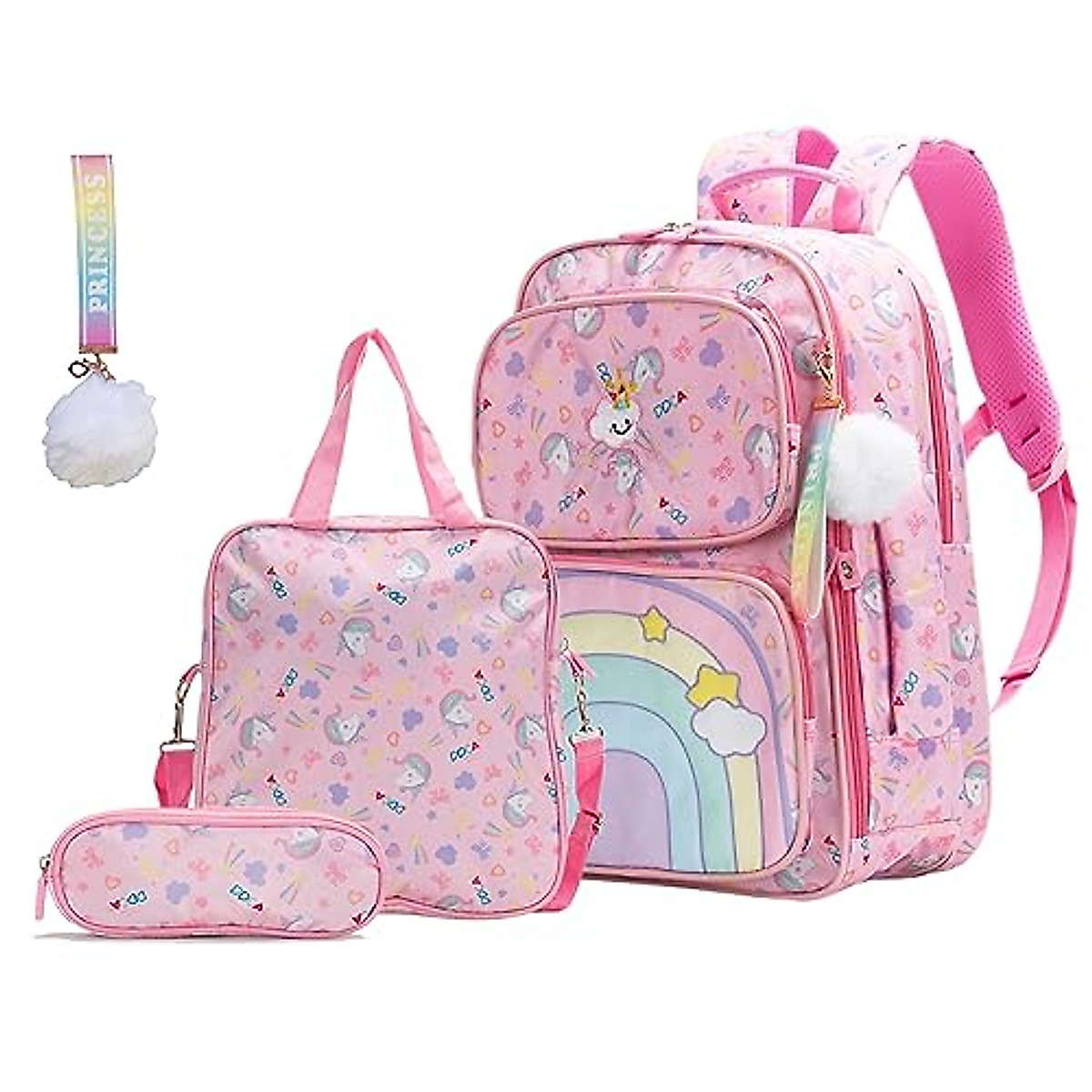 Uamdrup Pink Rainbow Unicorn Backpack For Girls,Kids GIrls Backapck With Lunch Box,16Inch Bookbag Schoolbag With Pencil Case Tote Bag