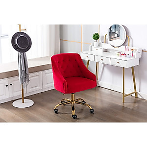 ZOBIDO Comfy Home Office Task Chair with Wheels, Cute Modern Upholstered Velvet Seashell Back Adjustable Swivel Vanity Desk Chair, for Women, for Kids, for Girls, Living Room, Bedroom, (Red)
