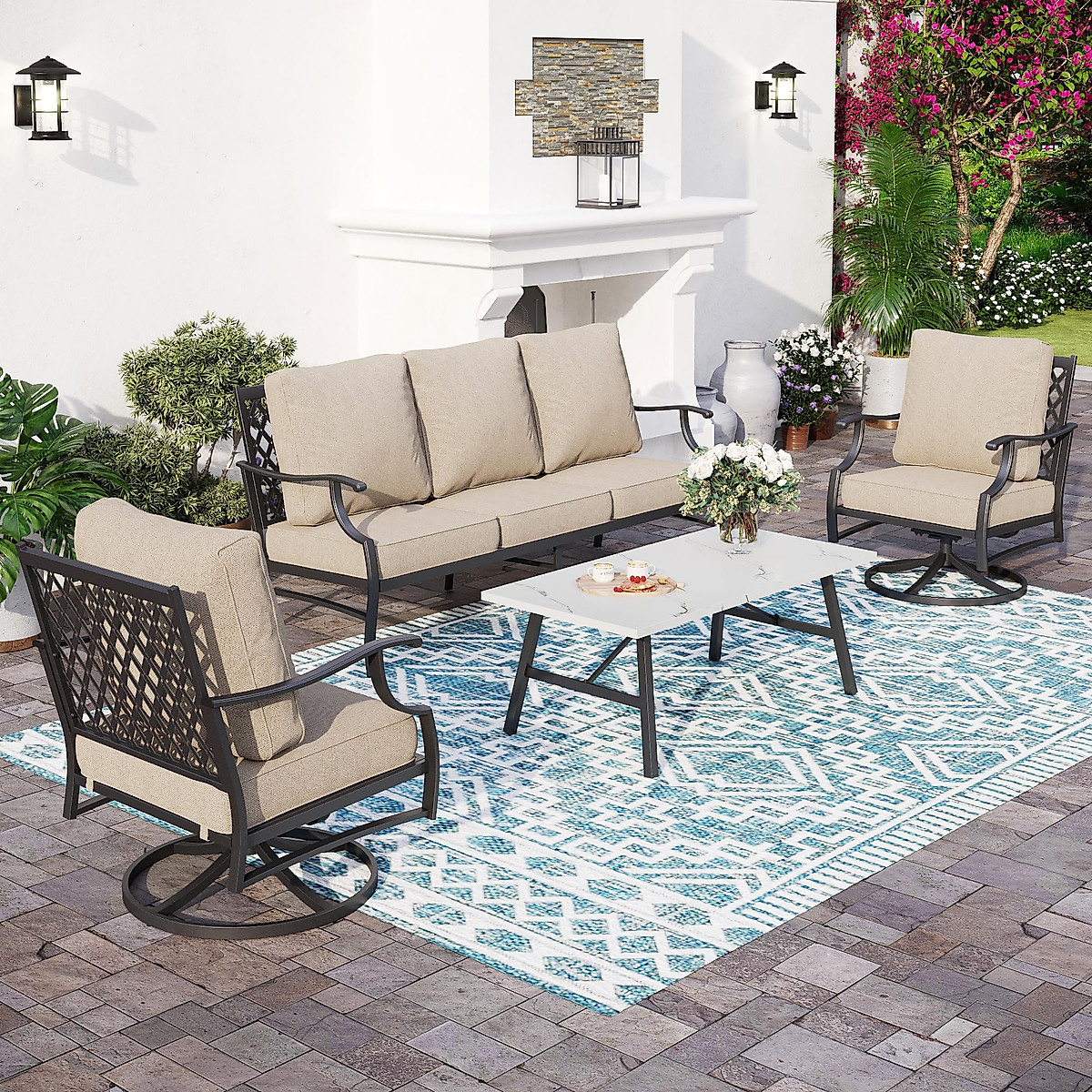 SUNSHINE VALLEY Patio Furniture Set, 4 Piece Modern Metal Outdoor Patio Furniture, 3 Seater Couch, 2 swivel Chairs, Coffee Table and 5.75" Extra Thick Cushion, Patio Conversation Set for Backyard Deck