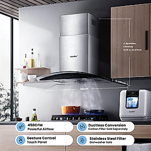 Comfee Curved Glass Range Hood 36 Inch 450 CFM 3 Speed Gesture Sensing &Touch Control Panel Stainless Steel Kitchen Ductless/Ducted Convertible with Baffle Filters and 2 LED Lights (CVG36W9AST)