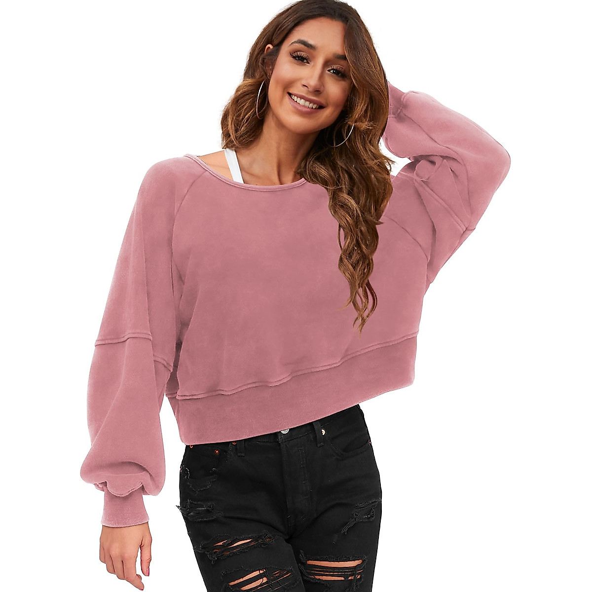 ReachMe Womens Open Back Sweatshirts Crop Backless Long Sleeve Shirts Off the Shoulder Crewneck Workout Tops(Nude,M)