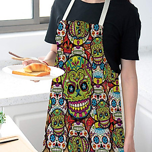 Tovip Sugar Skull 2Pcs Flower Apron Women Men Colorful Skull Cotton Linen Aprons for Kitchen Home Cooking Baking Cleaning Accessories 26.8 x 21.7 inch