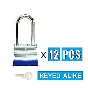Laminated Steel Keyed Padlock, Keyed Alike Locks,1-9/16"(40mm) Wide Body,Long Shackle Padlock, Blue Plastic Hoop, Pack of 12