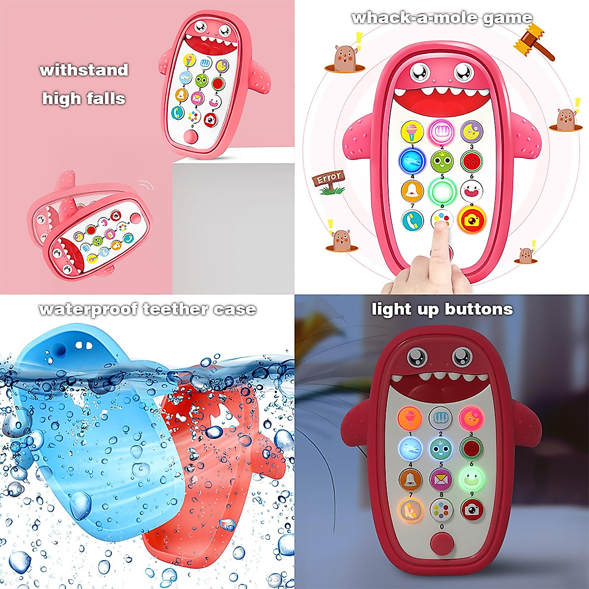 Baby Shark Cell Phone Toy Removable Teether Case, Light, Music & Adjustable Volume Kids Play & Learn Fake Phone Infant Toddler, Preschool Holiday Birthday Presnet for Girl Boy 0-6, 6-18 Months (Red)