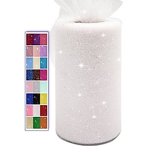Glitter Tulle Fabric Rolls, 6 Inch 50 Yards (150ft) Sparkling Spool Ribbon Sequin Netting for Tutu Skirt Gift Wrapping Wedding Party Decoration (White)