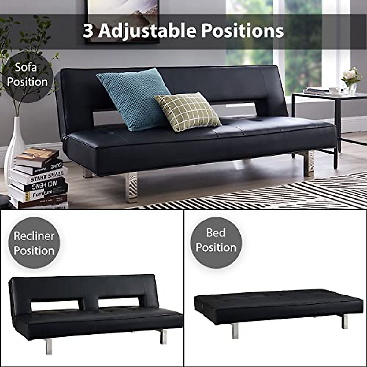 Astrid Futon Sofa Bed Faux Leather Futon Couch Modern Convertible Folding Sofa/Bed Couch with Chrome Legs Reclining Mini Coach Leather Futons Small Couch for Bedroom Living Rooms, Office - Black