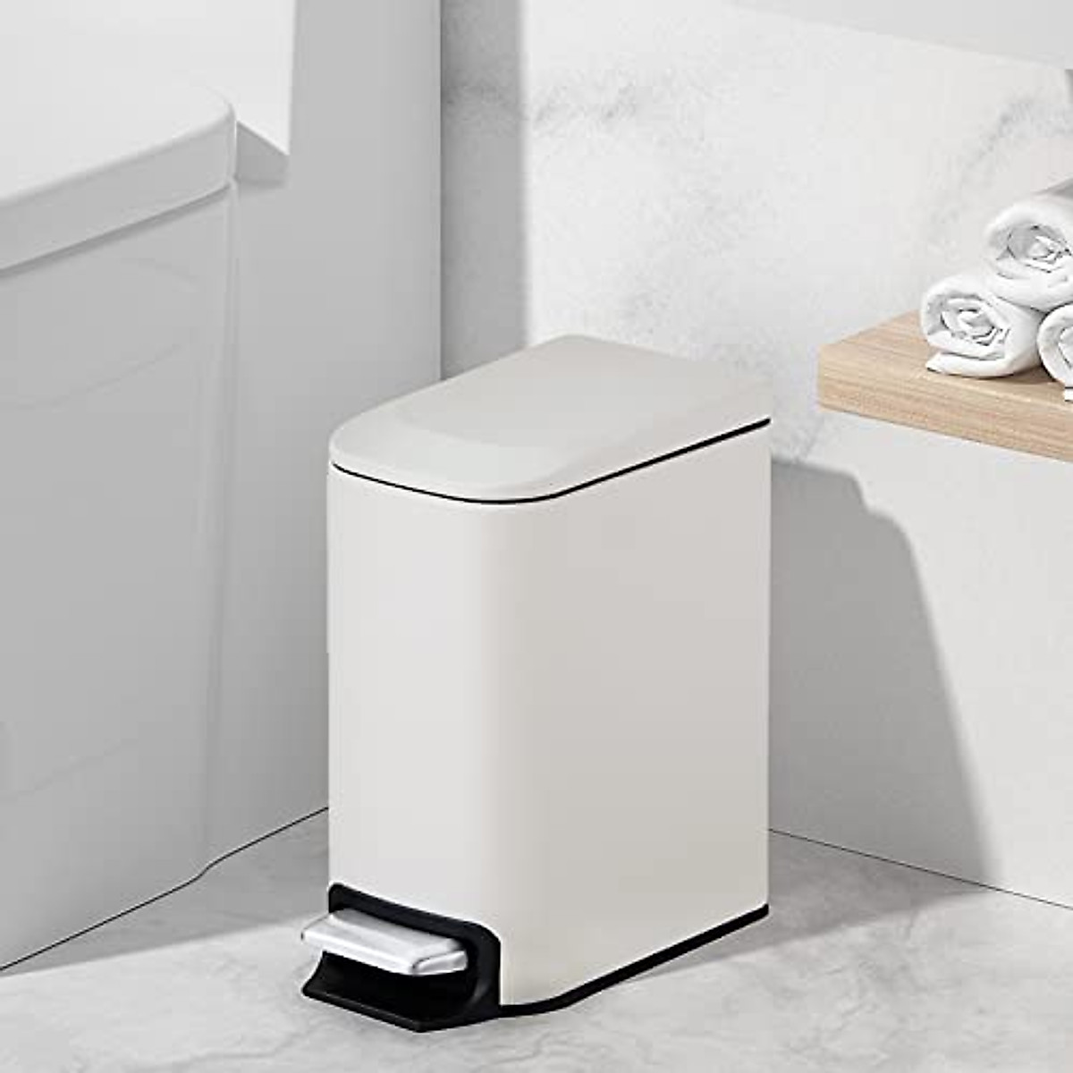 Doyingus Small Bathroom Trash Can with Lid Soft Close 1.6 Gal Stainless Steel Slim Garbage Can with Inner Wastebasket for Bedroom, Powder Room, Craft Room, Office, Kitchen (Beige)