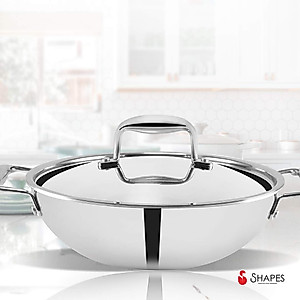 Shapes Stainless Steel Cookware Tri-Ply Wok with Lid, Multipurpose Pan, Capacity - 4 Quart, Silver - Use for Home, Kitchen and Restaurant - Easy to Clean and Dishwasher Safe
