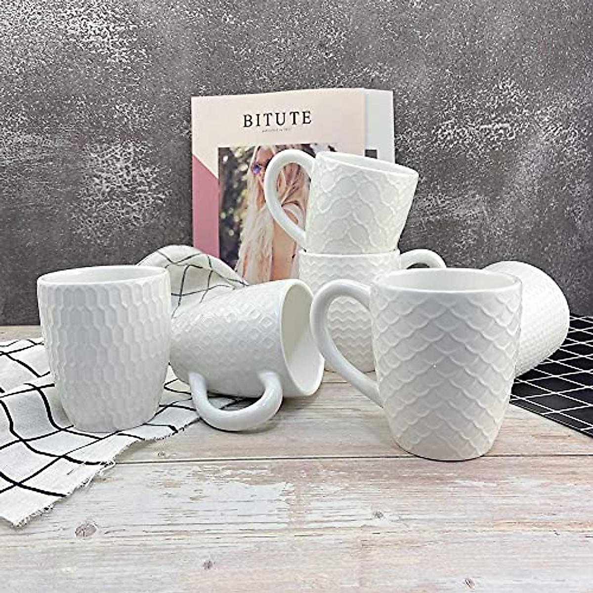 Schliersee White Ceramic Coffee Mugs set of 6, Stylish Embossed Coffee Cups Set with Different Patterns, for Coffee, Tea, Milk, Cocoa, Cereal (11.8 Ounce), for Christmas Gift