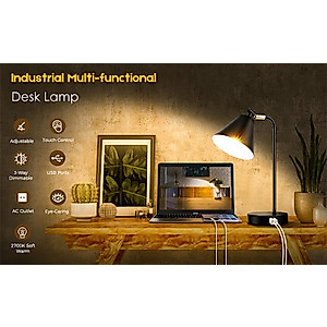 Bedside Desk Lamps for Bedroom - Grey Smoked Glass Shade Table Lamp with USB C Port, Fully Dimmable Small Lamps with USB Port and Outlet, Reading Nightstand Lamps for Office Living Room