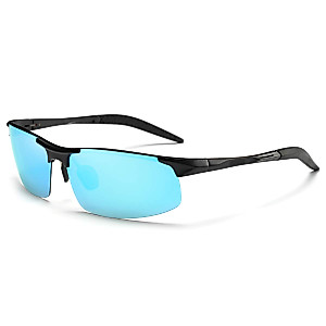 RoShari Mens Sports Polarized Sunglasses UV Protection Fashion Sunglasses for Men Fishing Driving Aluminum Magnesium Frame Ultra Light (Black-Blue)