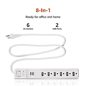 Amazon Basics Rectangular 6-Outlet Surge Protector Power Strip with 2 USB Ports - 1000 Joule, White, 6 ft