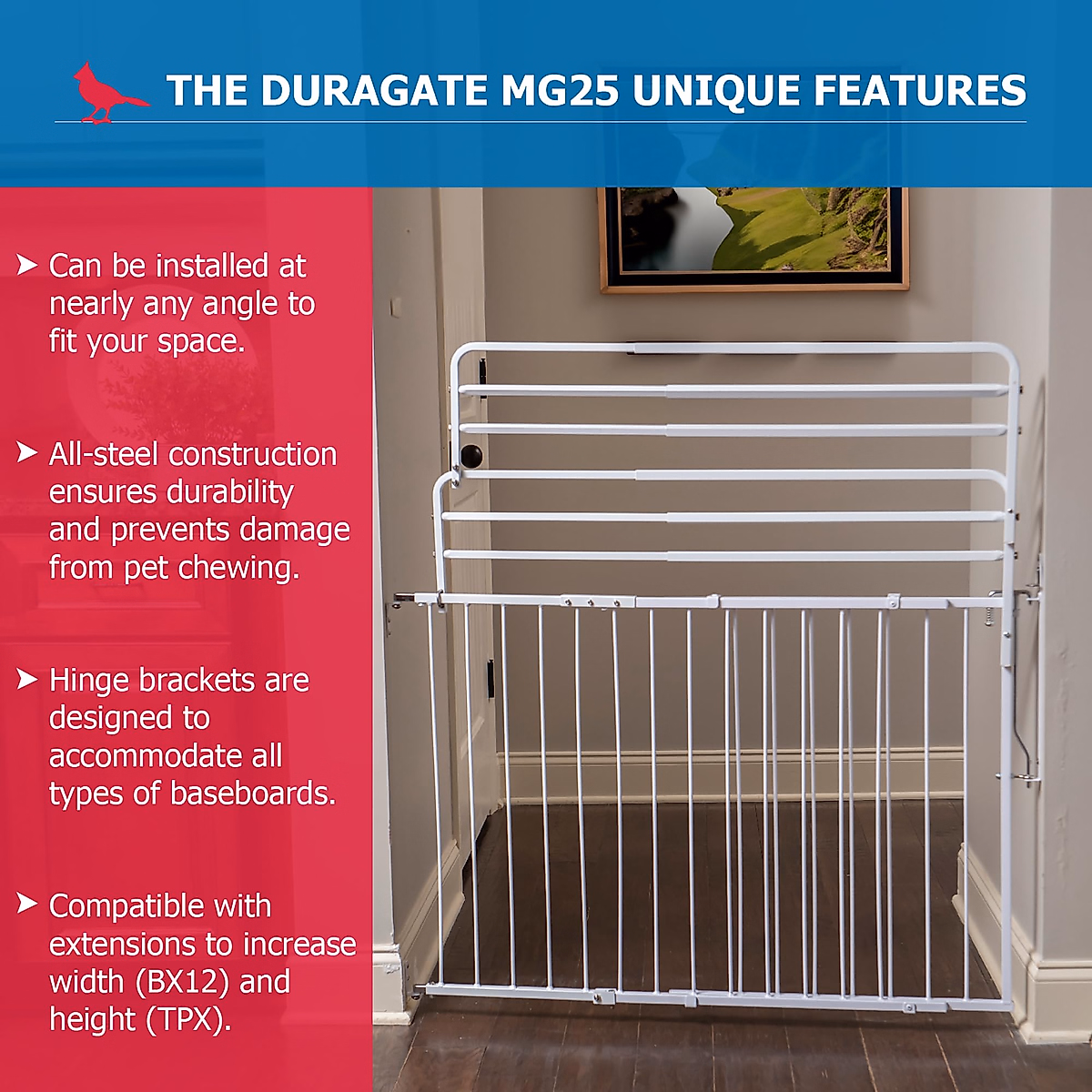 Cardinal Gates MG25 Duragate Baby Gate - Adjustable Dog Gate - Steel Safety Gate for Kids & Pets - 26.5 to 41.5 Inches Wide - White