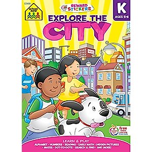School Zone - Explore the City Kindergarten Learning Workbook - 240 Pages, Ages 5 to 6, Stickers, Alphabet, ABCs, Search & Find, and More (Easy-Tear Top Bound Pad)