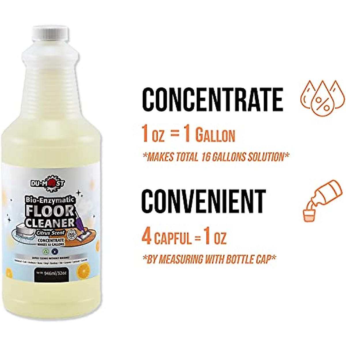 DU-MOST Enzymatic Floor Cleaner Concentrate (1 Oz Makes 1 Gal), No, Streak, No Rinsing, Kids & Pets Safe, Hard Surface Floors, Citrus Scent, 32 Fl Oz