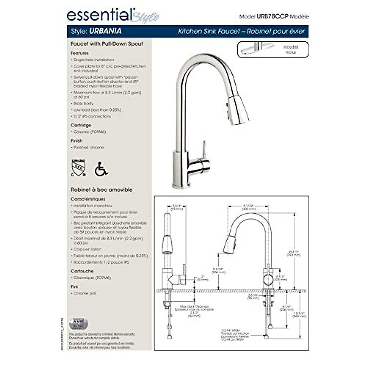 Plumb Pak URB78CCP Single Handle Pull Down Kitchen Faucet with Dual Spray Pattern and Pause Button, Polished Chrome