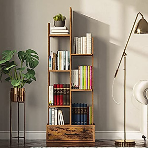 Rolanstar Bookshelf Bookcase with Drawer, Free Standing Tree Bookcase, Display Floor Standing Storage Shelf for Books CDs Plants,Utility Organizer Shelves for Living Room, Bedroom,Rustic Brown