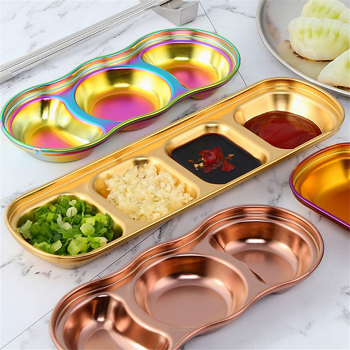 mingcheng 3-Compartment Stainless Steel Dipping Sauce Dish, Set of 4 Appetizer Serving Tray/Bowls for Sauce, Vinegar, Soy, BBQ, Hotpot, Snacks and Other Party Dinner, Dishwasher Safe Silver