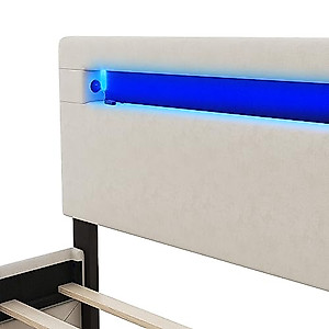 Linique Queen Size Upholstered Storage Platform Bed with Twin Size Trundle and 2 Drawers,Headboard with LED Light and USB Charging,Beige