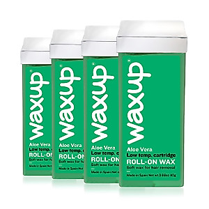 waxup Aloe Vera Roll On Wax, Hair Removal Wax Cartridge, Depilatory Wax Roller Refill for legs and arms 3.88 Ounce / 110g (4 Pack). Wax Warmer and Waxing Strips not Included.
