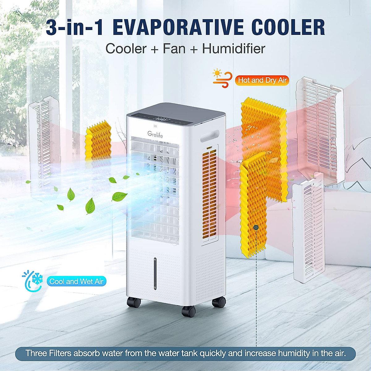 Grelife Air Cooler,3-IN-1 Portable Evaporative Air Cooler Cooling Fan with 4 Ice Packs,12H Timer,1.58 Gallons,Remote Control,3 Modes,3 Speeds,Personal Swamp Cooler for Bedroom, Home, Office, white