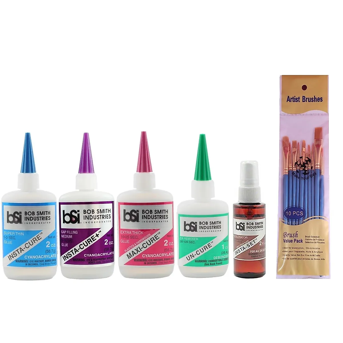Bob Smith Industries Cyanoacrylate Glue, Super Glue, Insta-Cure, Insta-Cure+, Maxi-Cure, Un-Cure, and Insta-Set (Pack of 5) - with Make Your Day Paintbrushes