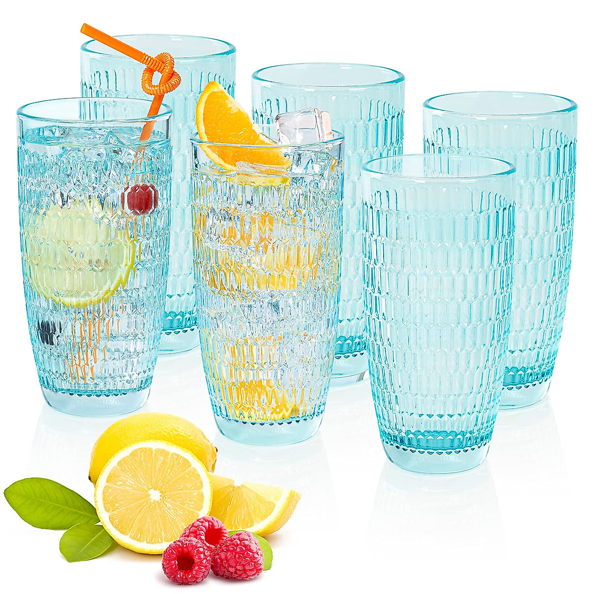 CREATIVELAND Highball Beverage Glasses Set of 6 TURQUOISE Colored Thick & Heavy Base Big Capacity 14.87oz|440ml, Drinking Glass Tumbler for Iced Tea, Water, Soda & Juice and Cocktails etc