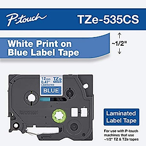 Brother Genuine P-touch, TZe-535CS, 0.47” x 26.2’, White on Blue Laminated Label Tape