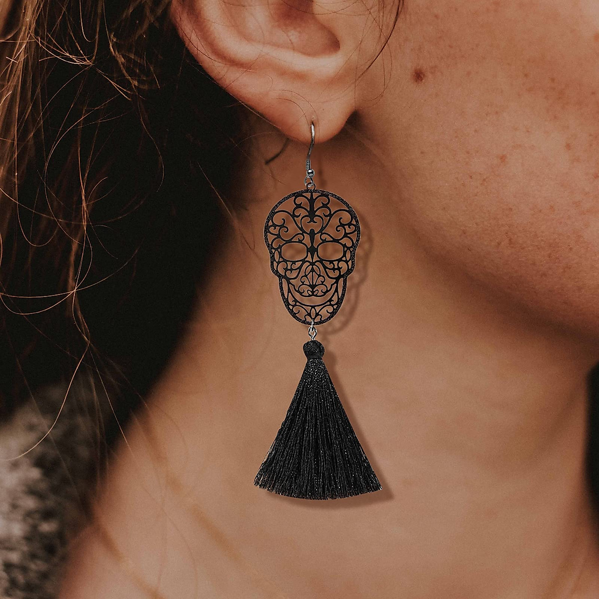 Halloween Skull Tassel Drop Dangle Earrings Black Women Girls' Handmade Punk Gothic Skeleton Fashion Statement Jewelry Lightweight Dead Day Cosplay Costume Party Favor Gift