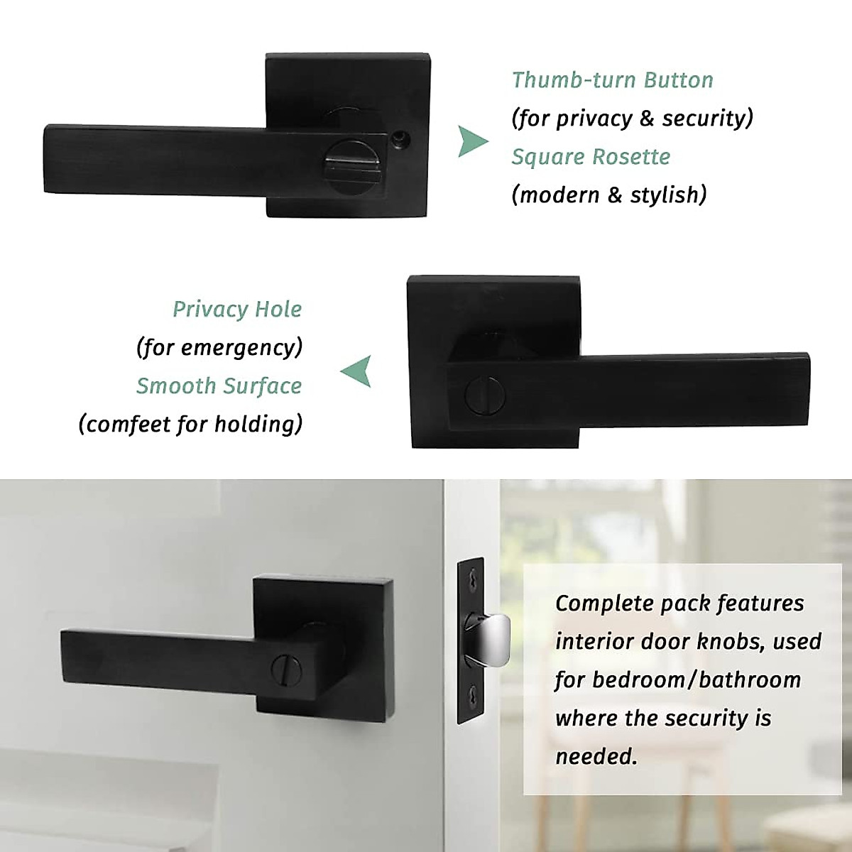 Bedroom/Bathroom Door Handles Levers Square Plate Interior Privacy Door Locksets,Matte Black (10 Pack)