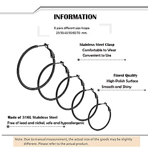 6 Pairs Big Black Hoop Earrings Set Stainless Steel Hoop Earrings for Women Sensitive Ears