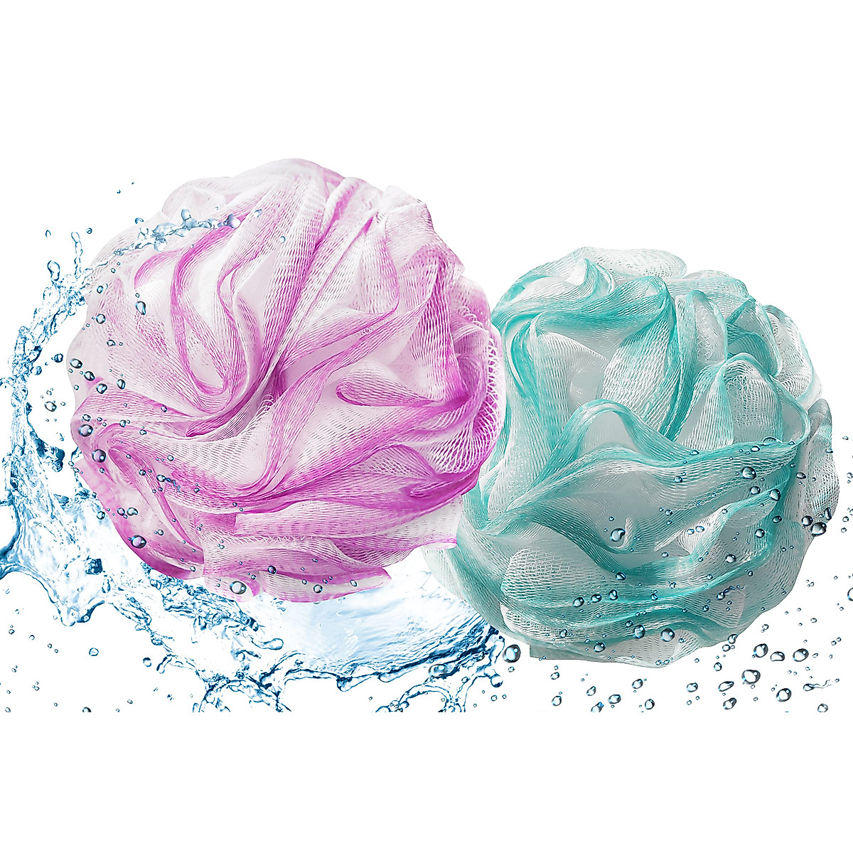 Loofah-Bath Sponge-White w/Color Set-XL-75g by À La Paix-Extra Large 4 Pack Soft Mesh Loufa Puff-Exfoliating Luffa Body Scrubber Women & Men Silky Skin -Long-Handle Body Exfoliator-Bathing Accessories