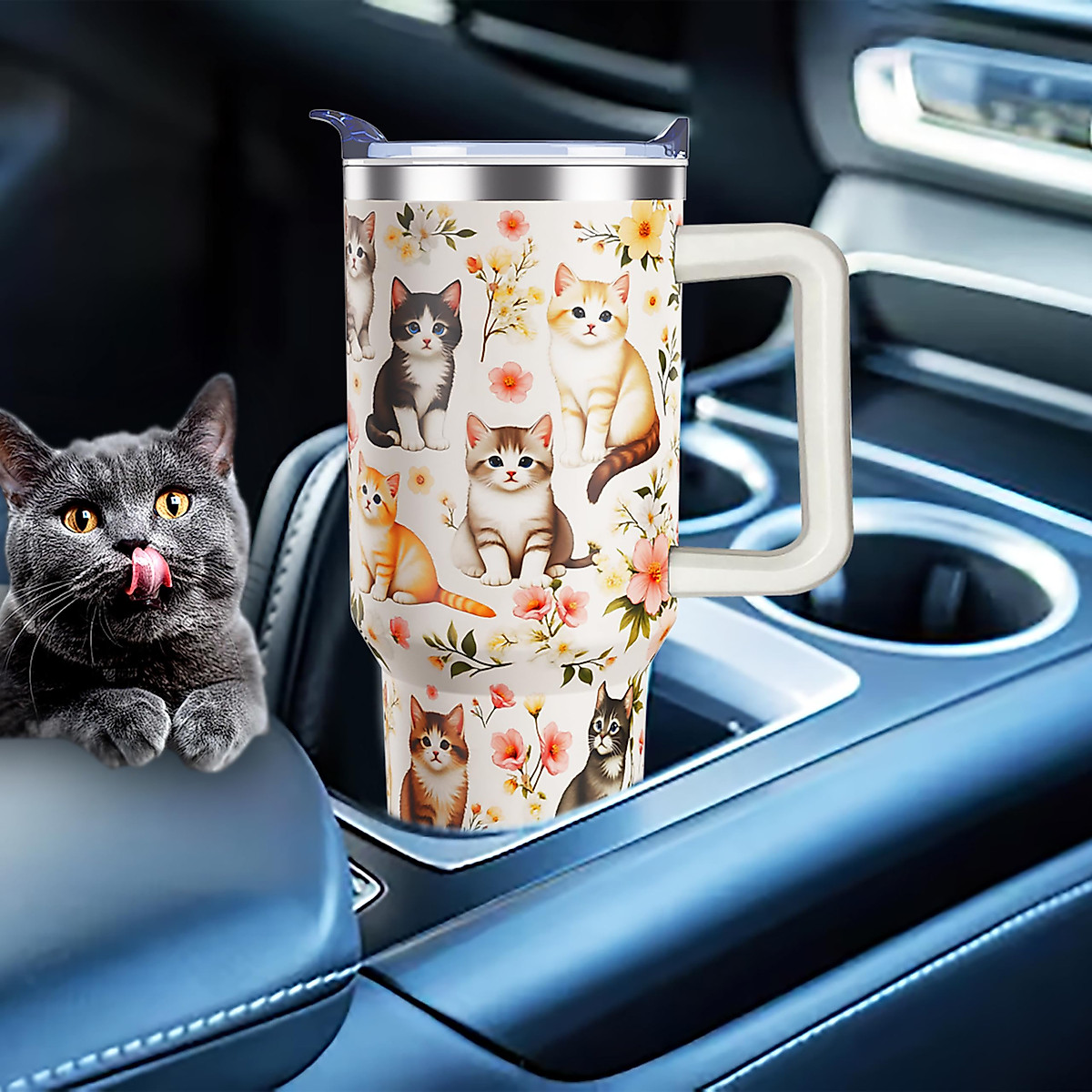 Mindunm 40 oz Cute Cat Tumbler with Handle and Straw Lid cat gifts for cat lovers for Women Double Insulated Cup Travel Coffee Mug