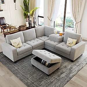 85''*85'' Sectional Corner Sofa L-Shape Couch Space Saving with Storage Ottoman & Cup Holders Design for Large Space Dorm Apartment,Light Grey