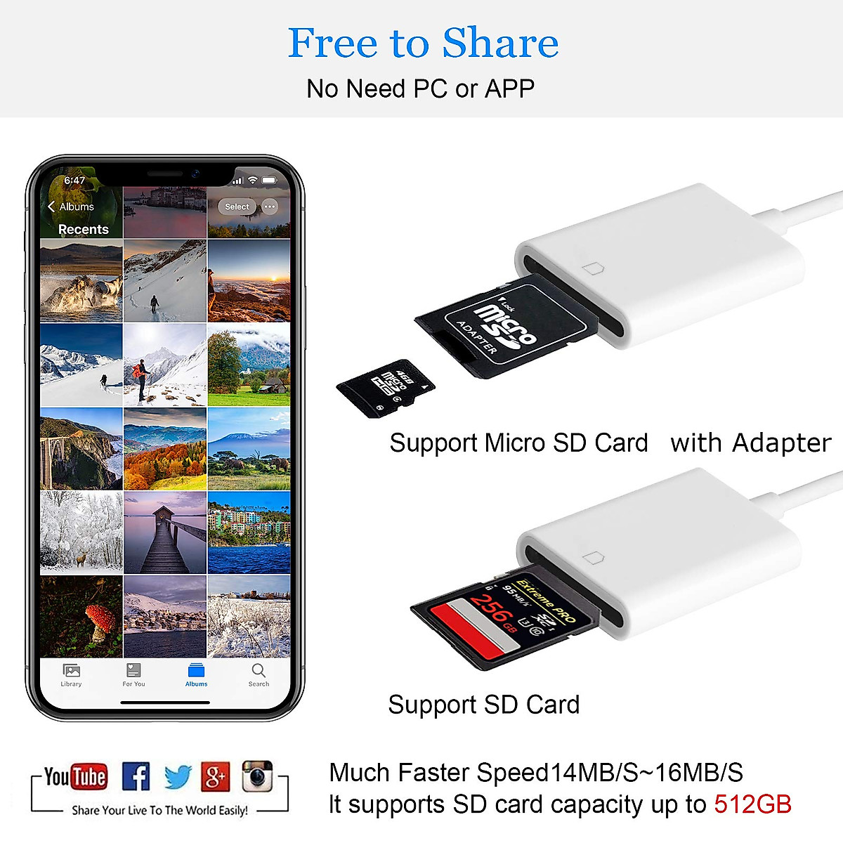 Lightning to SD Card Camera Reader Digital Camera SD Card Reader for Select iPhone, iPad and iPod Models (Support iOS 13 and Before), Trail Game Camera Viewer, No App Required (White)