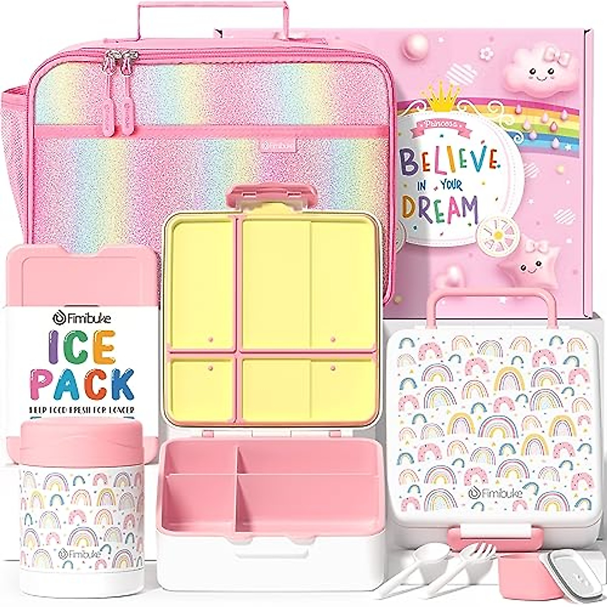 Fimibuke Kids Bento Snack Lunch Box with 4 Compartment, Insulated lunch Bag, Stainless Steel Vacuum Thermos Food Jar, Ice Pack, Utensils Set, Birthday Gift for Age 3-12 Back to School Toddler Girl Boy