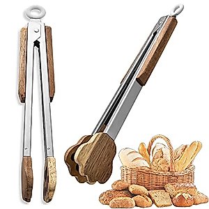 COMUSTER Acacia wood food clamp is cute cat claw type, with hanging hole design, wooden heat insulation handle, stainless steel clamp, which are easy to grip handle various delicacies
